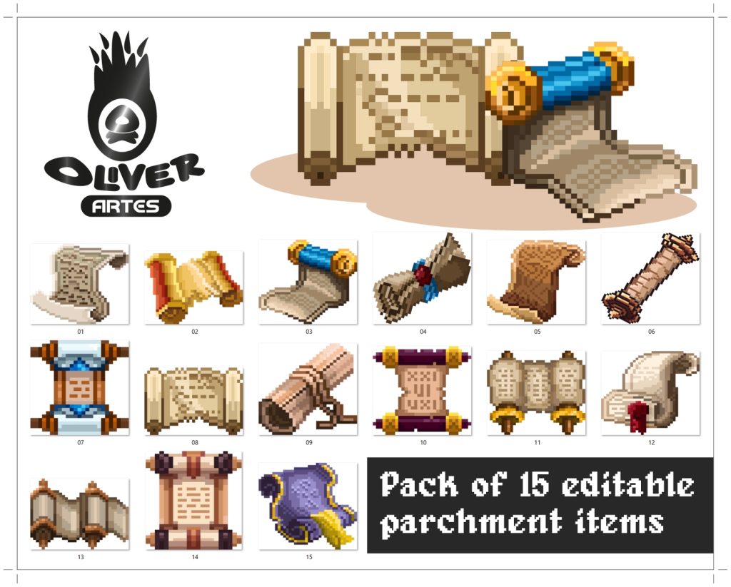 Pack of 15 assorted pixel art scrolls, RPG assets, vector illustration ...